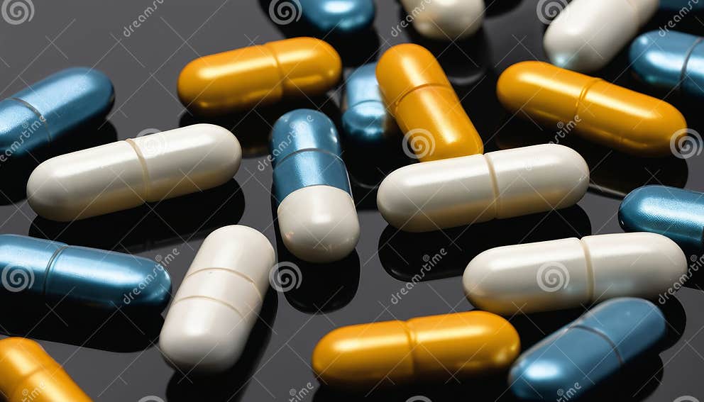Various Colored Capsules on a Dark Surface Stock Illustration ...