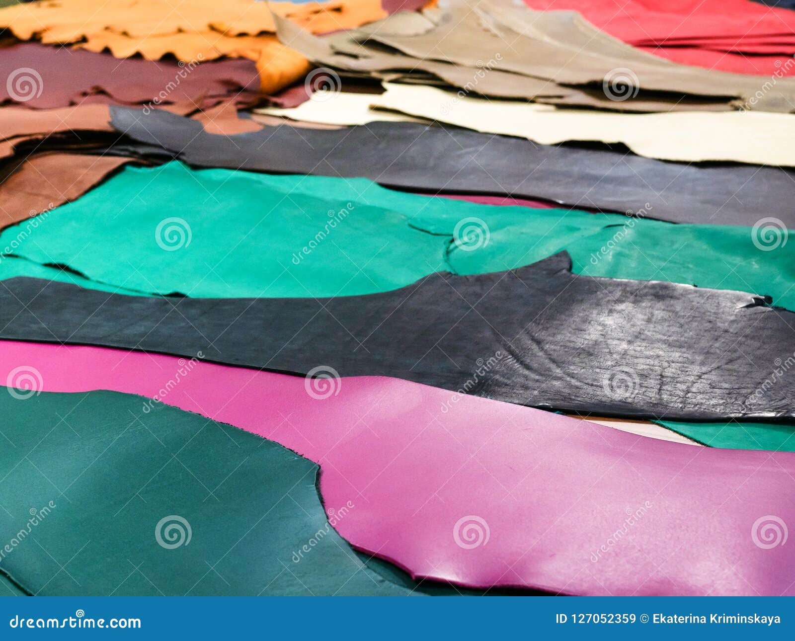 Various Colored Cowhides on Table Stock Image - Image of cowhide, table ...