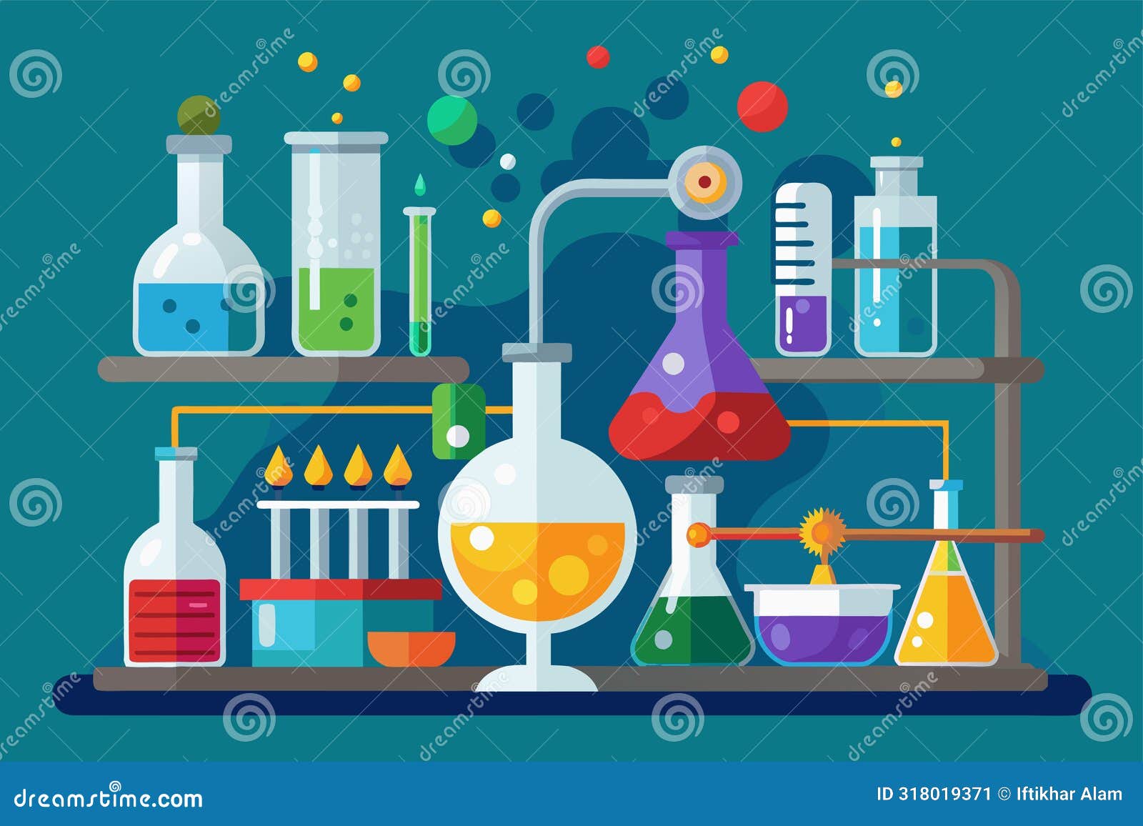 Various Colored Flasks Neatly Lined Up on a Shelf in a Chemistry Lab ...