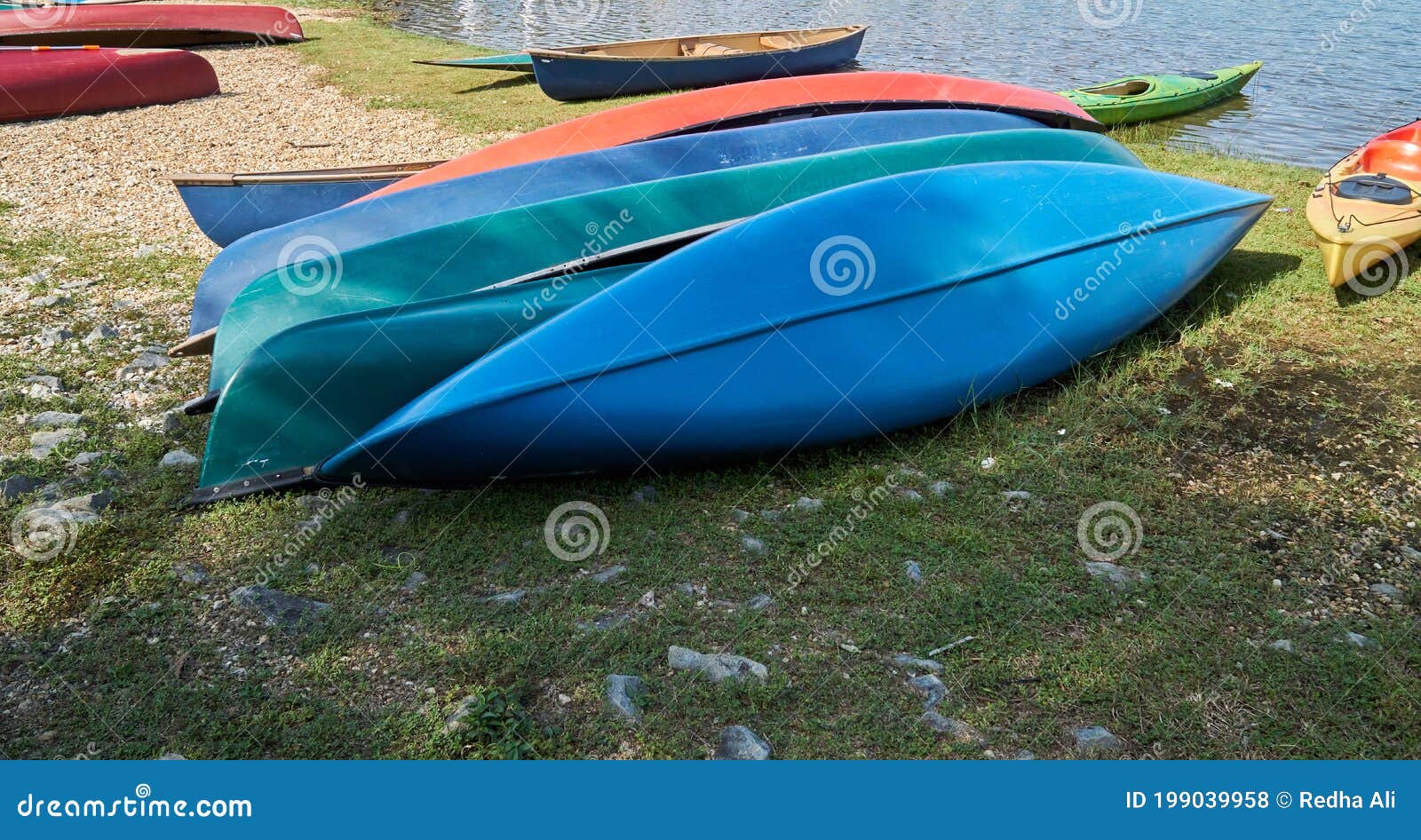 Various Colored Kayak on the Grass Stock Photo - Image of sand ...