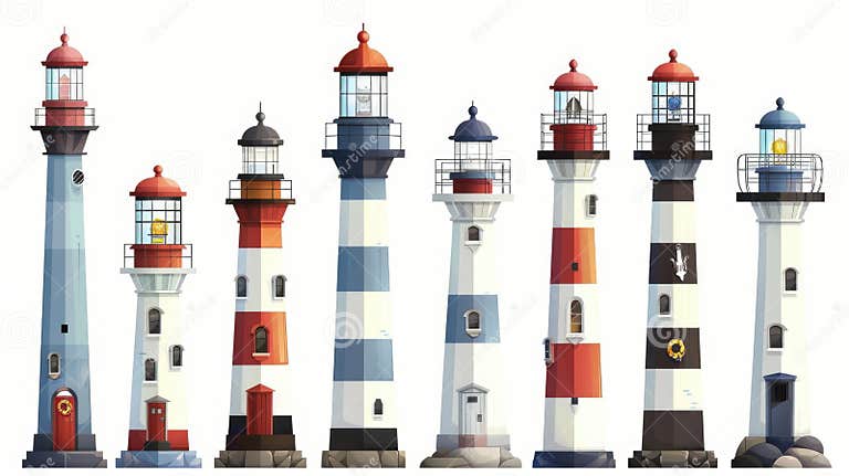 Various Colored Lighthouses on a Plain White Backdrop, Ideal for ...