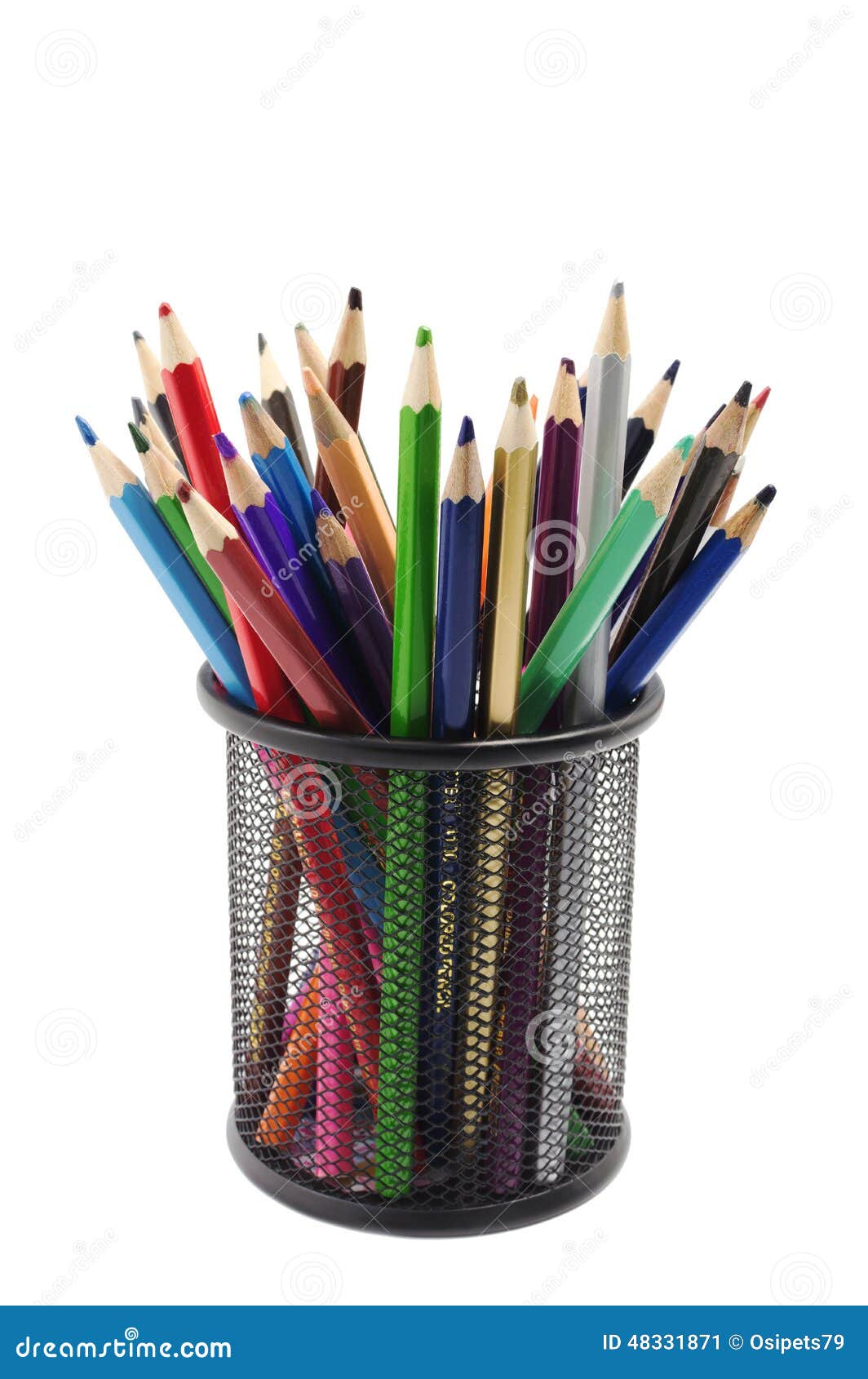 Various Colored Pencils Standing in Grilled Pencil Cup Stock Image ...