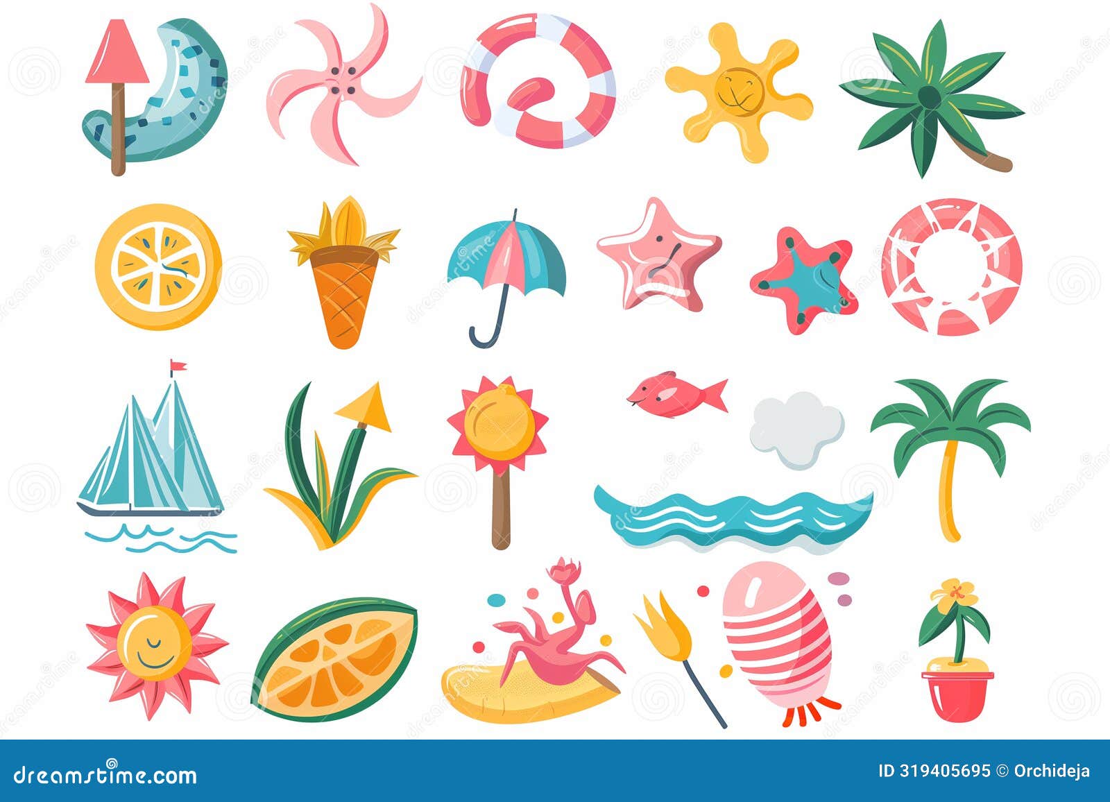 Various Colorful Items Symbolizing Summer Arranged on a Plain White ...