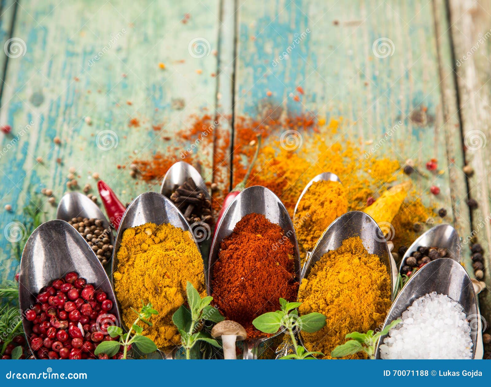 Various Colorful Spices on Wooden Table Stock Photo - Image of gourmet ...