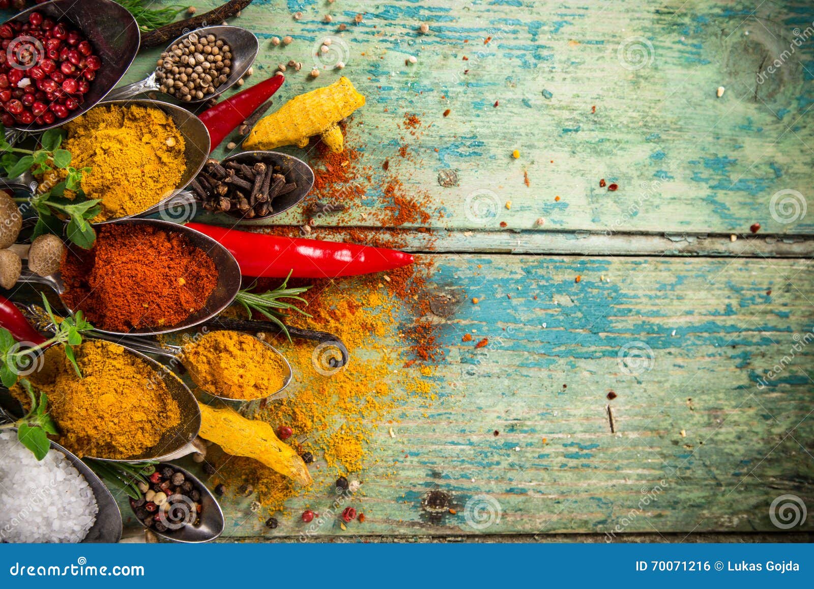 Various Colorful Spices on Wooden Table Stock Photo - Image of herb ...