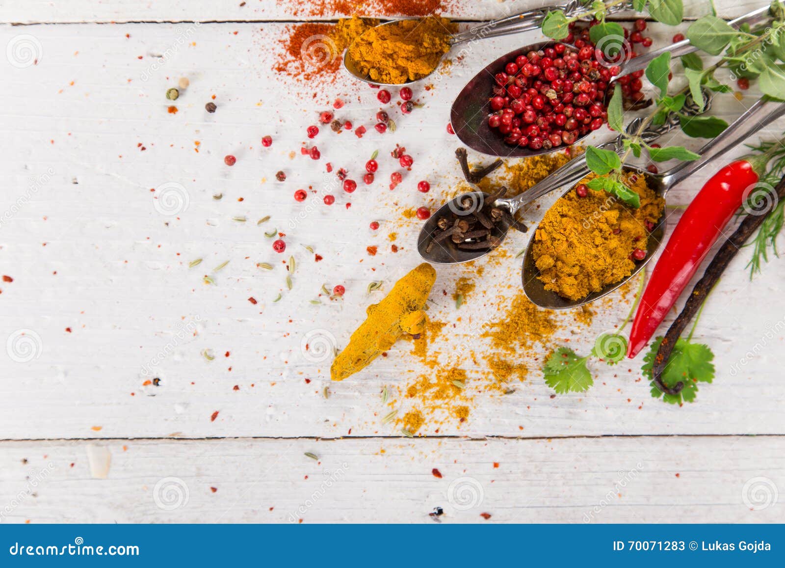 Various Colorful Spices on Wooden Table Stock Image - Image of indian ...