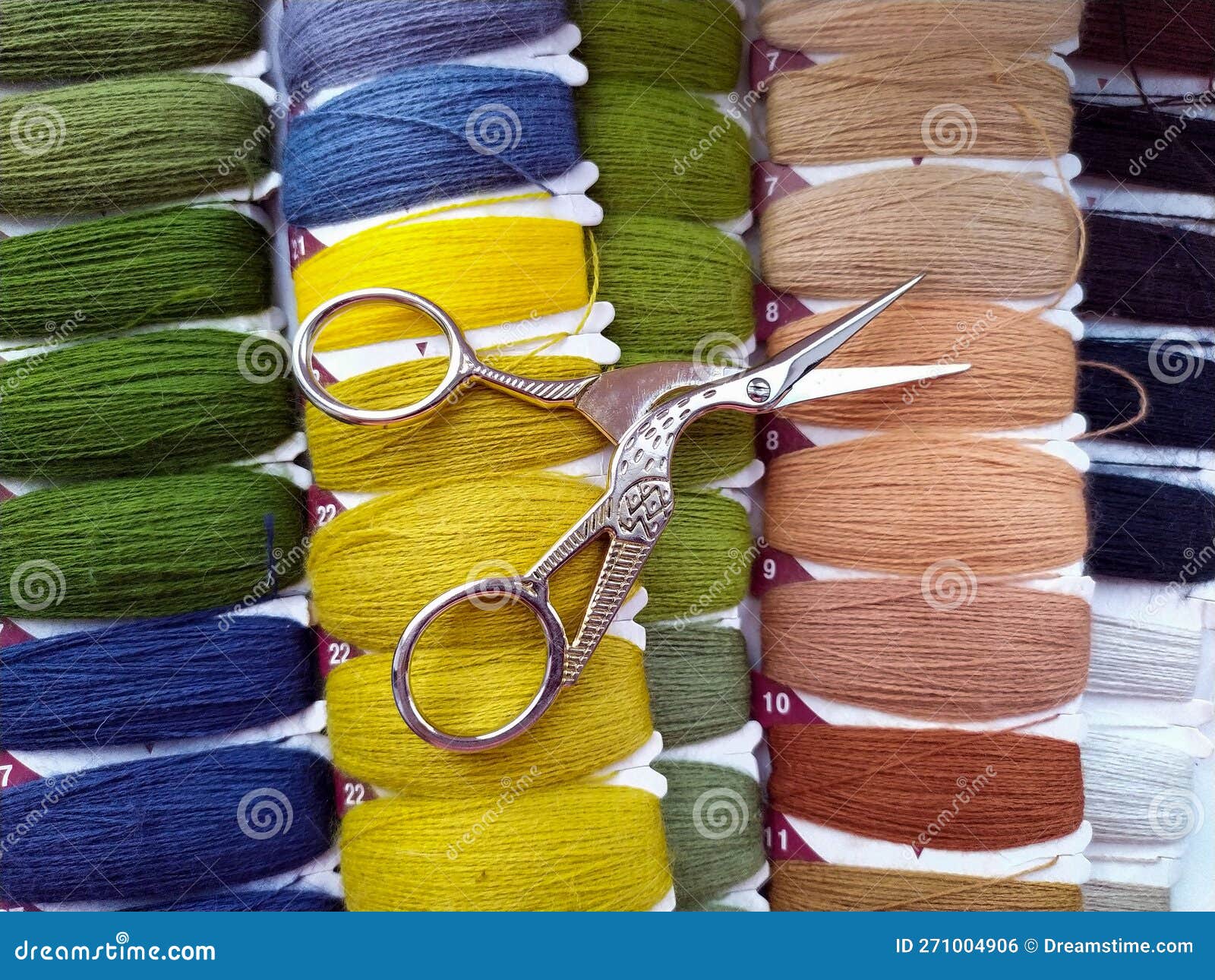 Various Colorful Threads for Embroidery As Background. Scissors Lie on ...