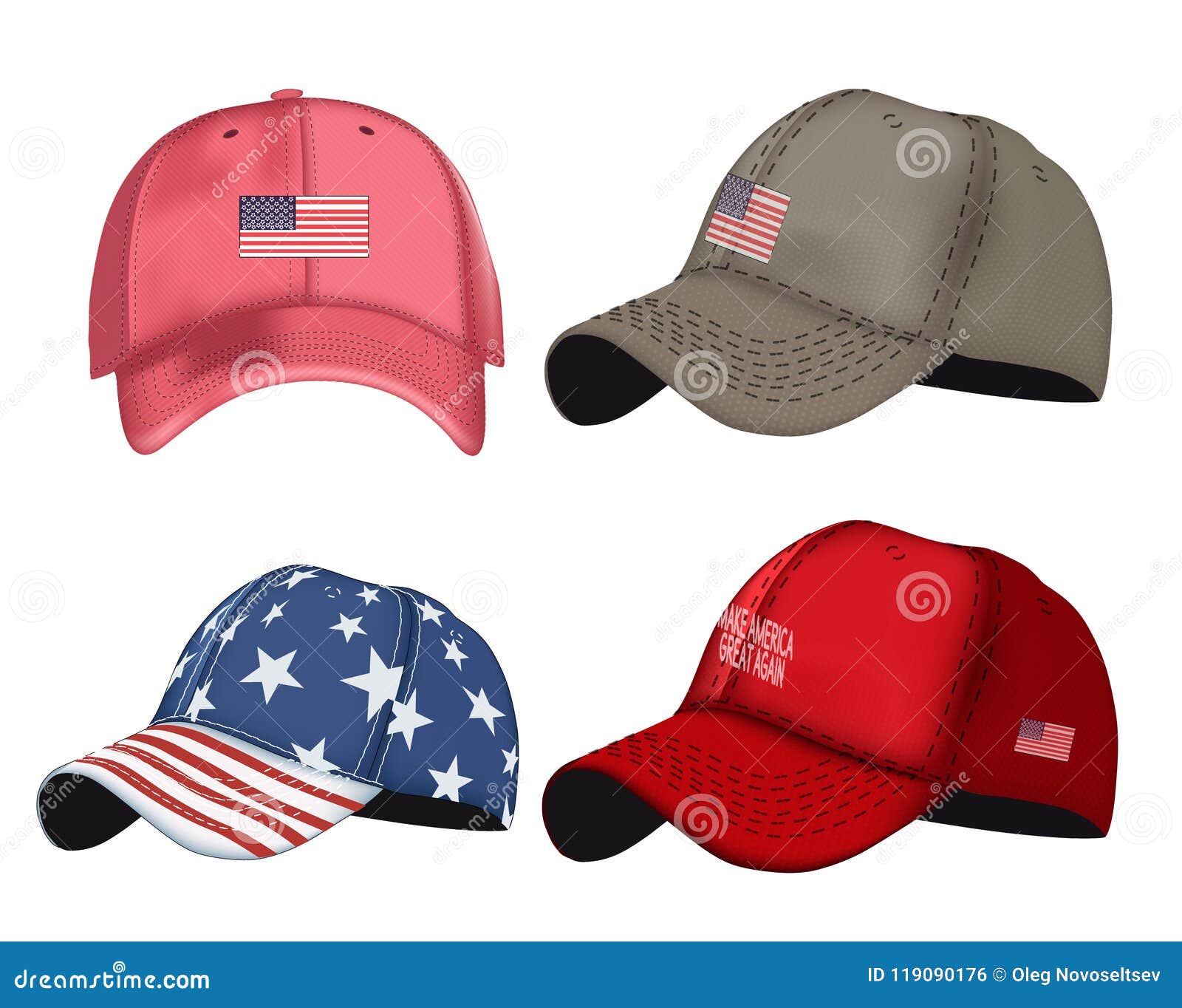 Set of Baseball Caps with American Symbols and Flags Isolated on White ...