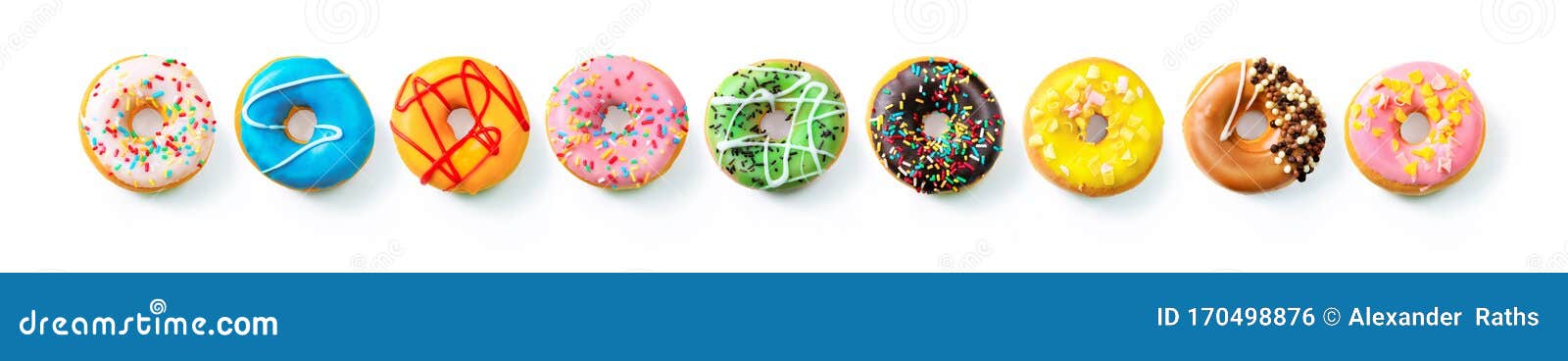 Various Colourful Donuts in a Row Stock Photo - Image of assorted, food ...