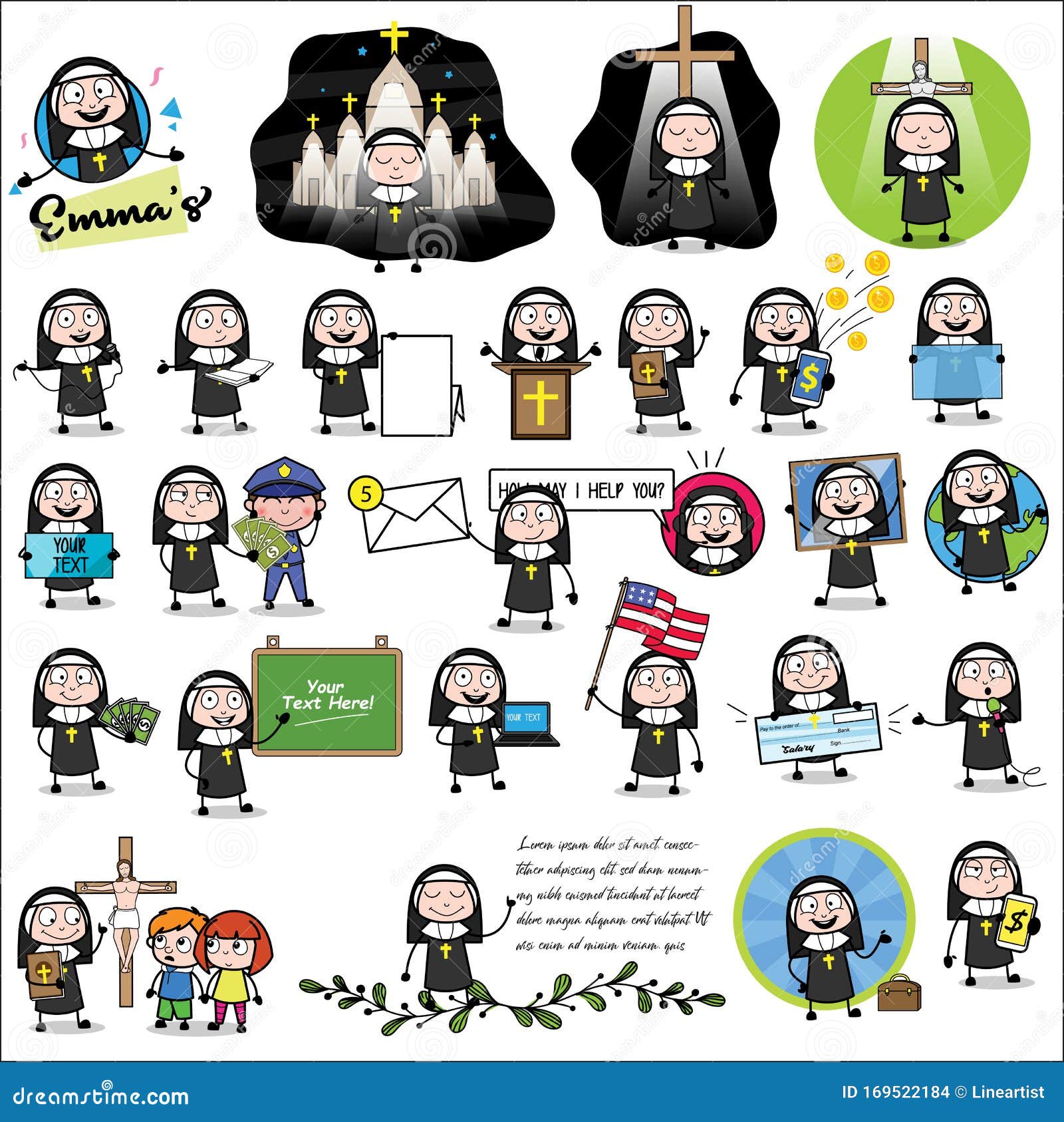 Various Comic Nun Lady Character - Different Concepts Vector ...