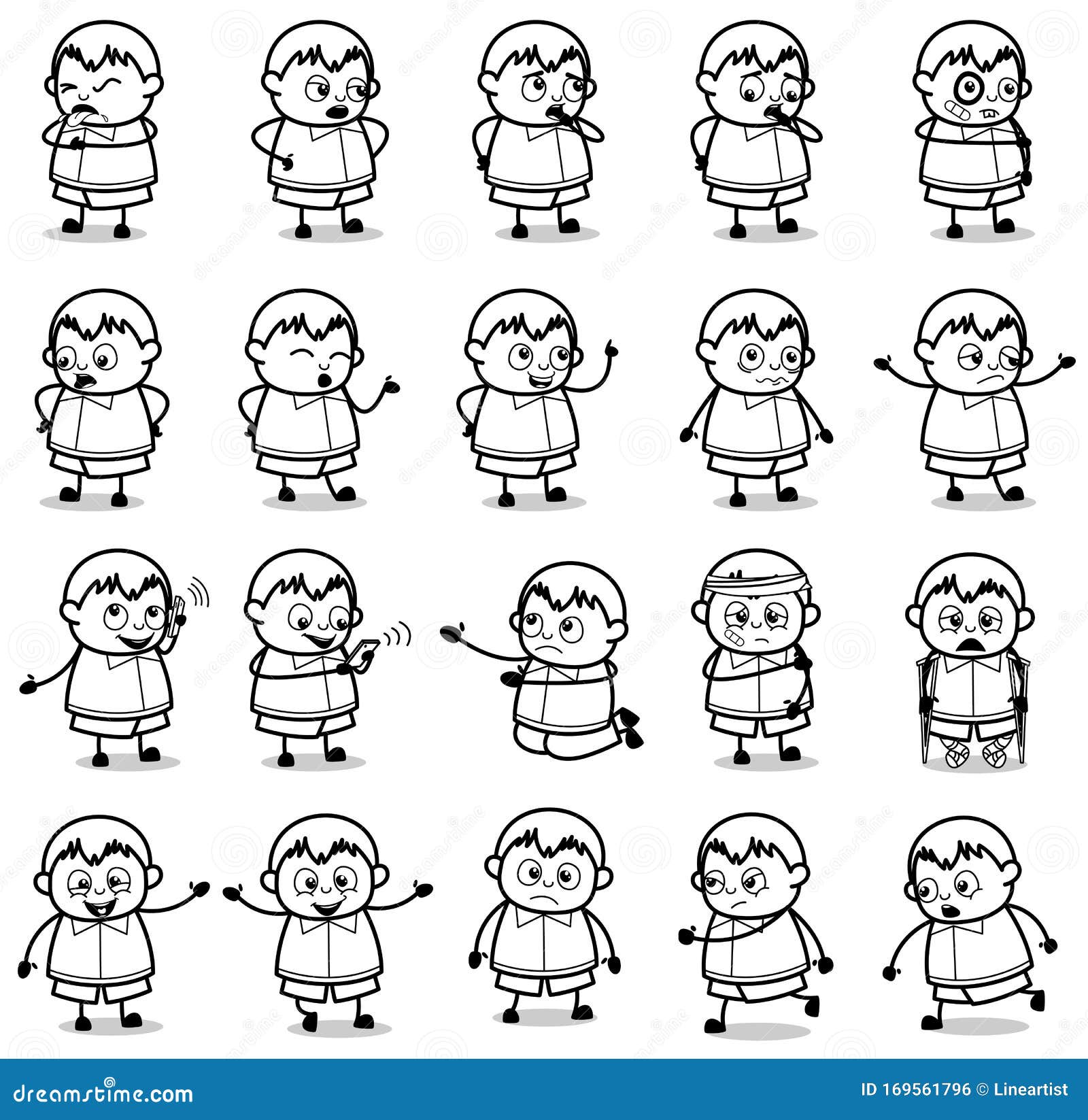 Various Comic Poses of Fat Boy Character - Set of Concepts Vector ...
