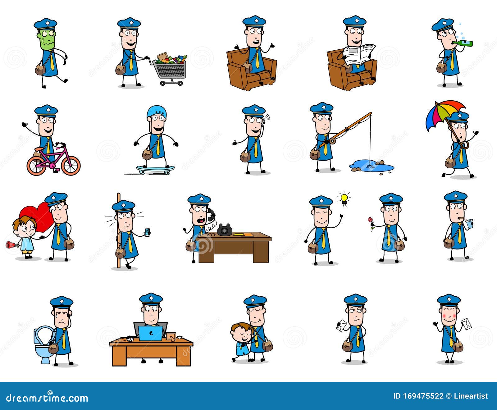 Various Comic Postman Drawing Art - Set Of Concepts Vector ...