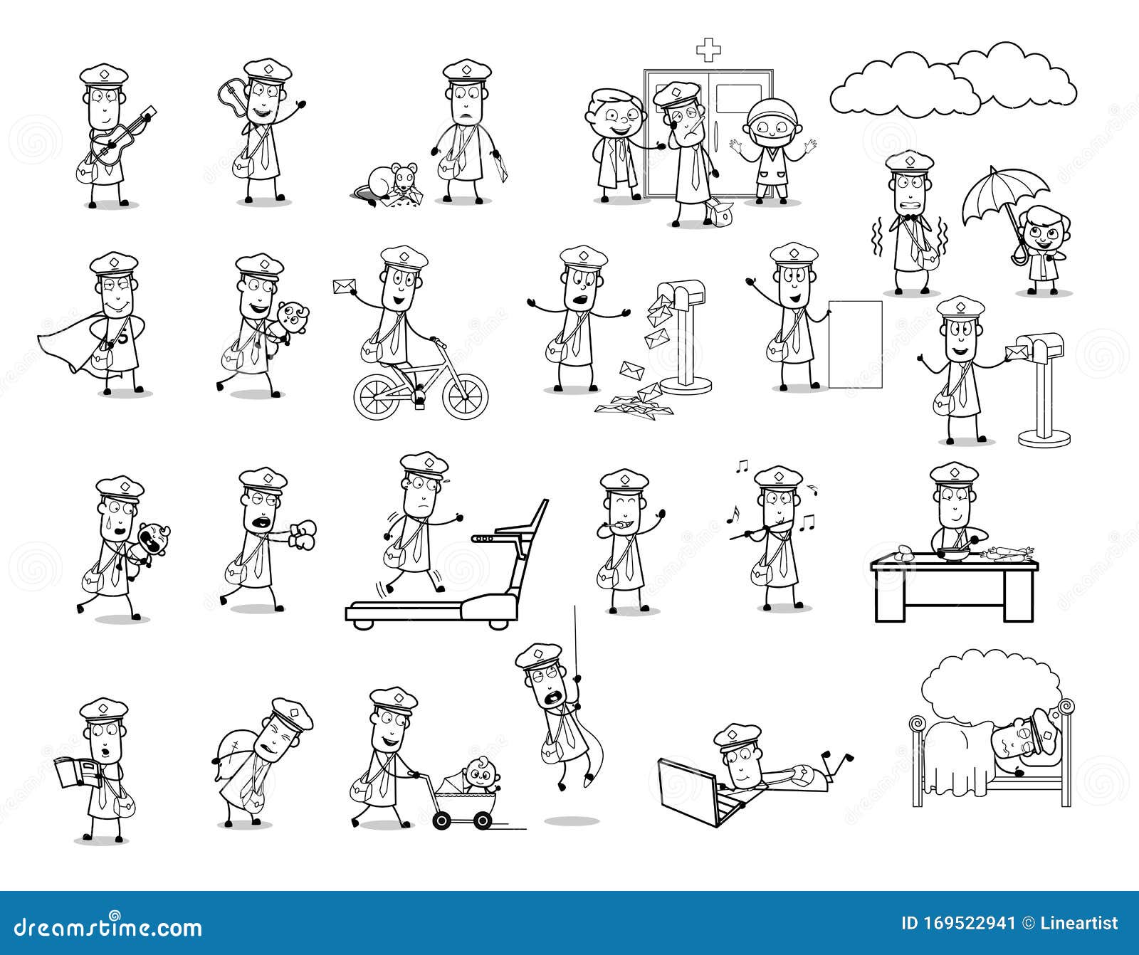 Various Comic Postman Drawing Art - Set Of Concepts Vector ...