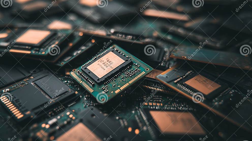 Close Up of Computer Chips and Processors Arranged on a Dark Surface ...