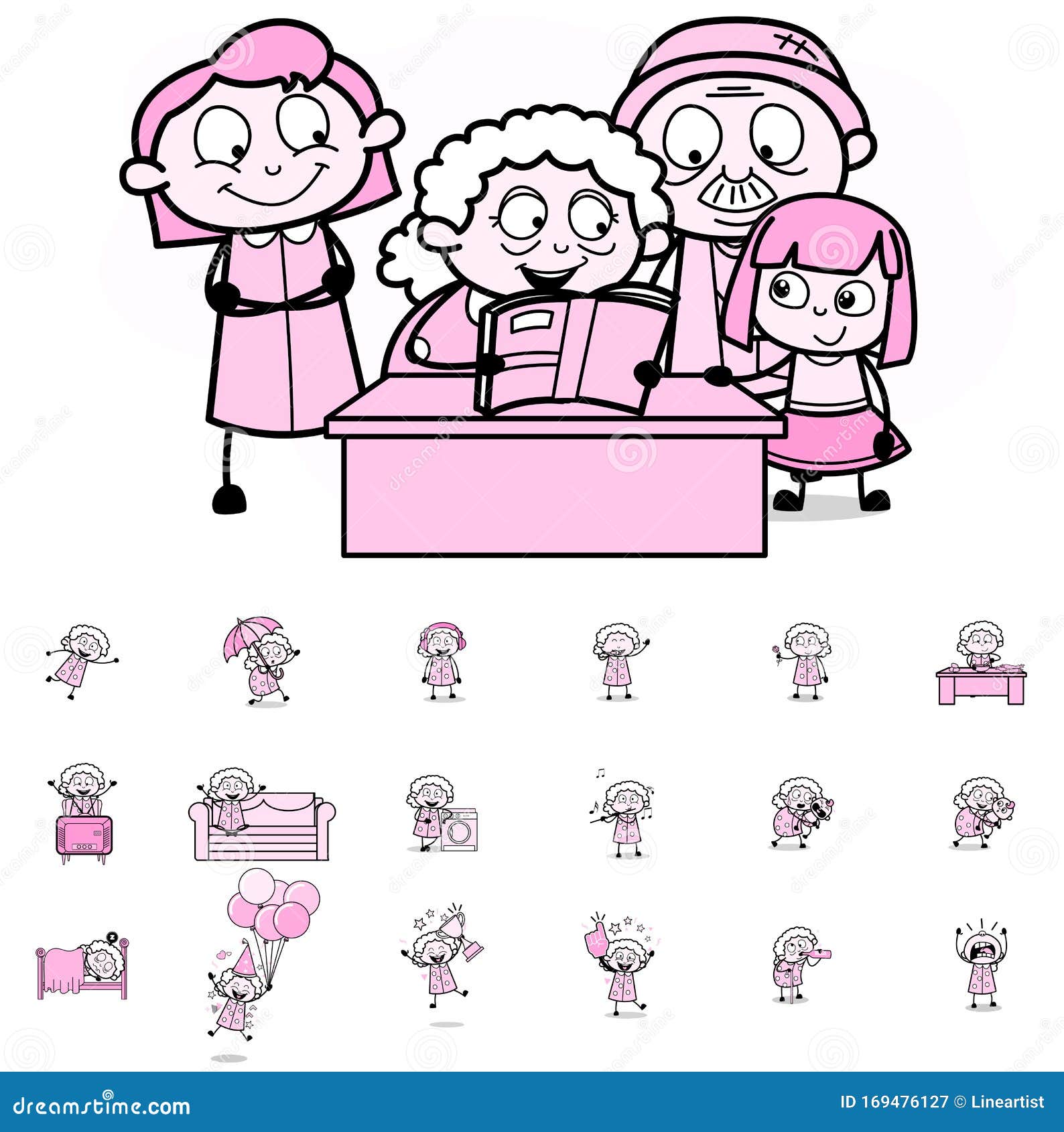 Concepts With Old Granny Character Various Retro Vector Illustrations