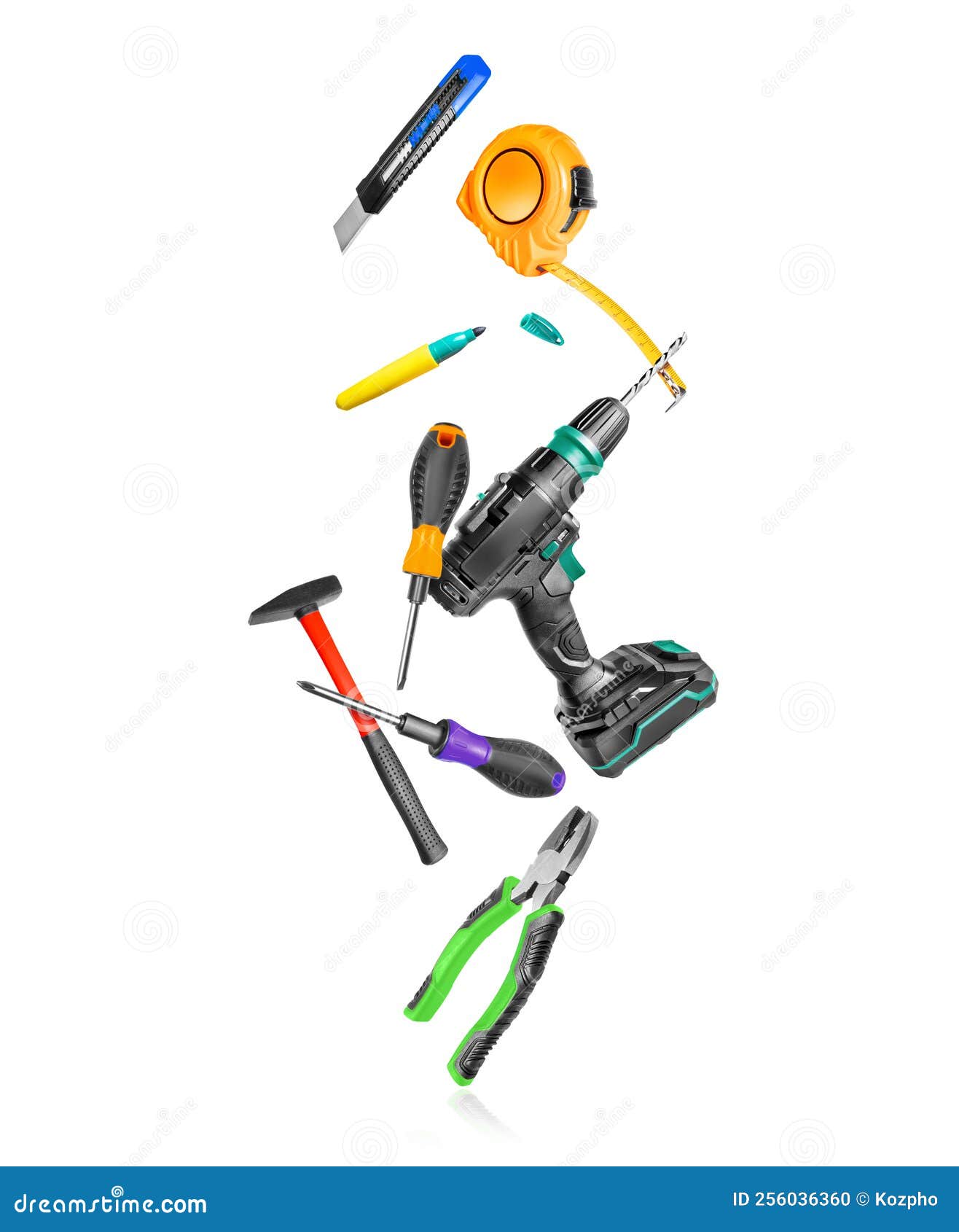 Various Construction Tools in the Air are Falling Down Stock Photo ...