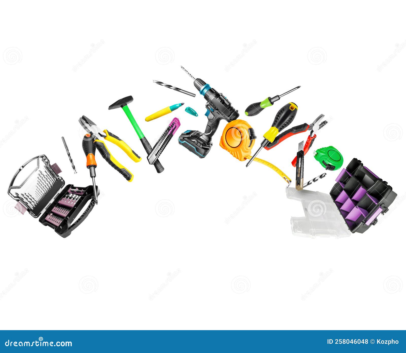 Various Construction Tools in the Air Isolated on White Background ...