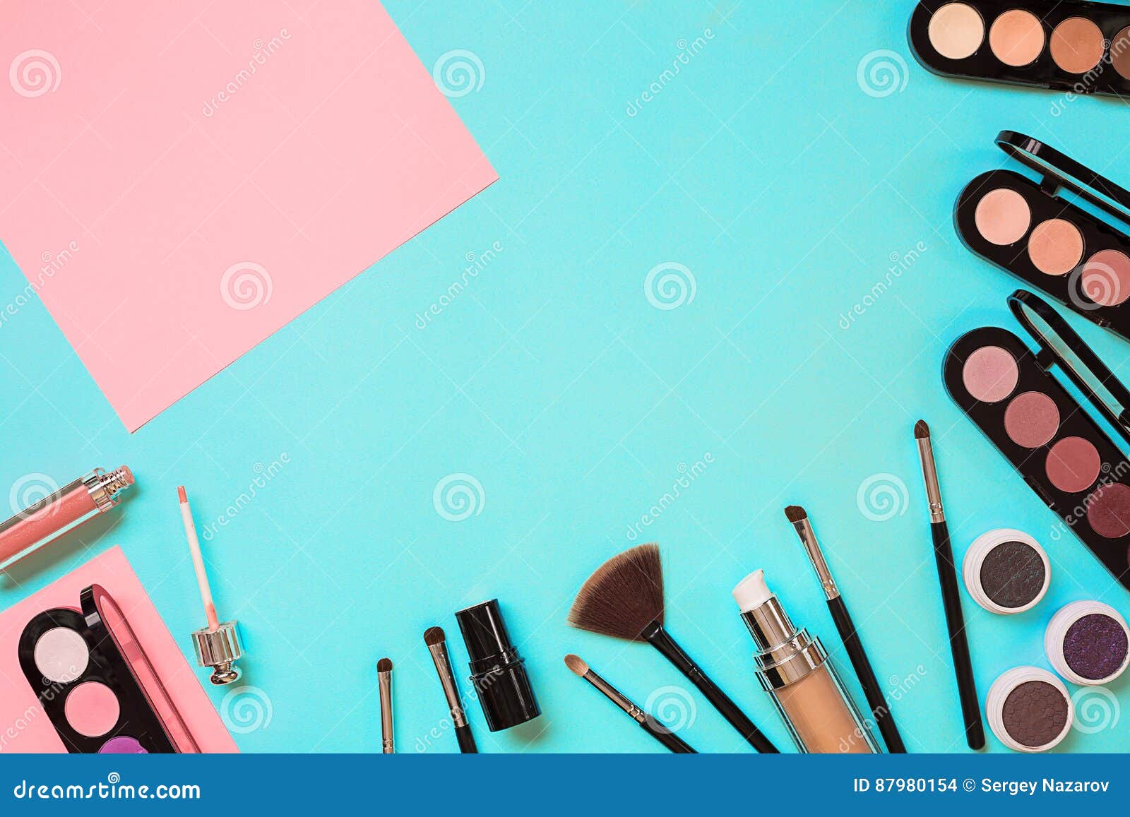 Various Cosmetics and Brushes on Blue Background Stock Photo - Image of ...