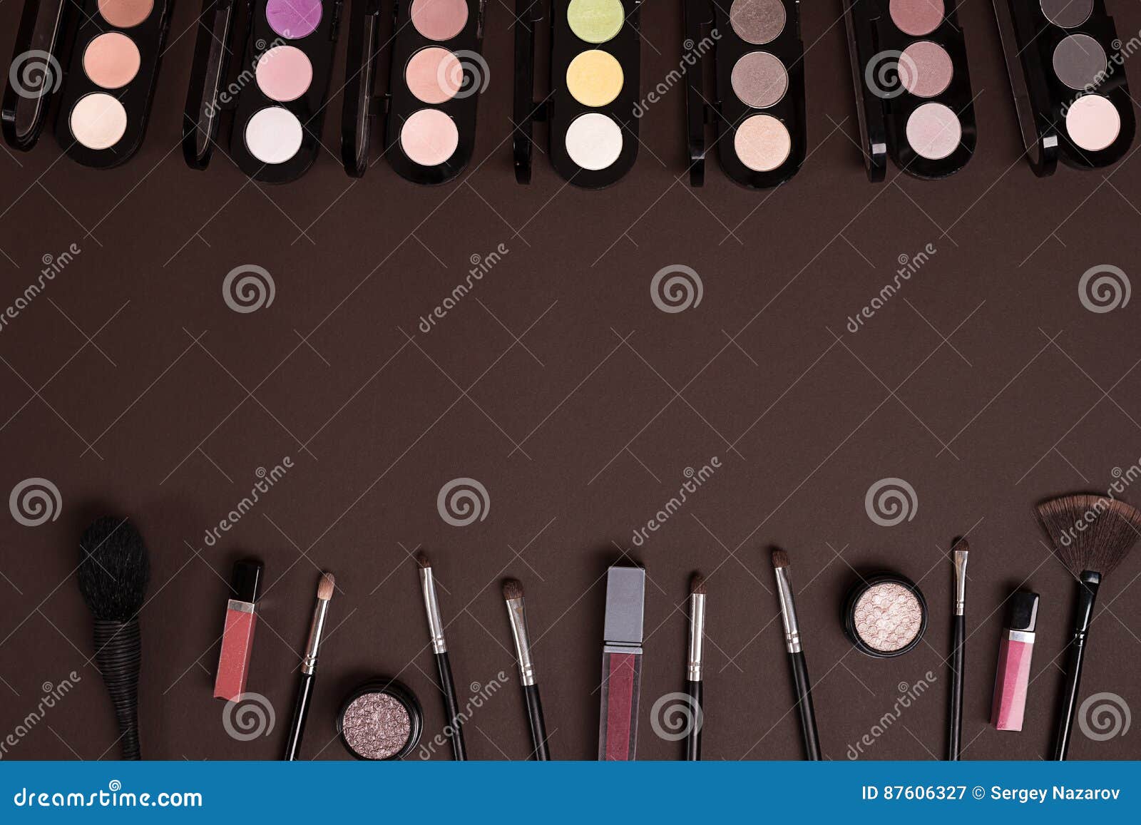 Various Cosmetics and Brushes on Brown Background Stock Image - Image ...