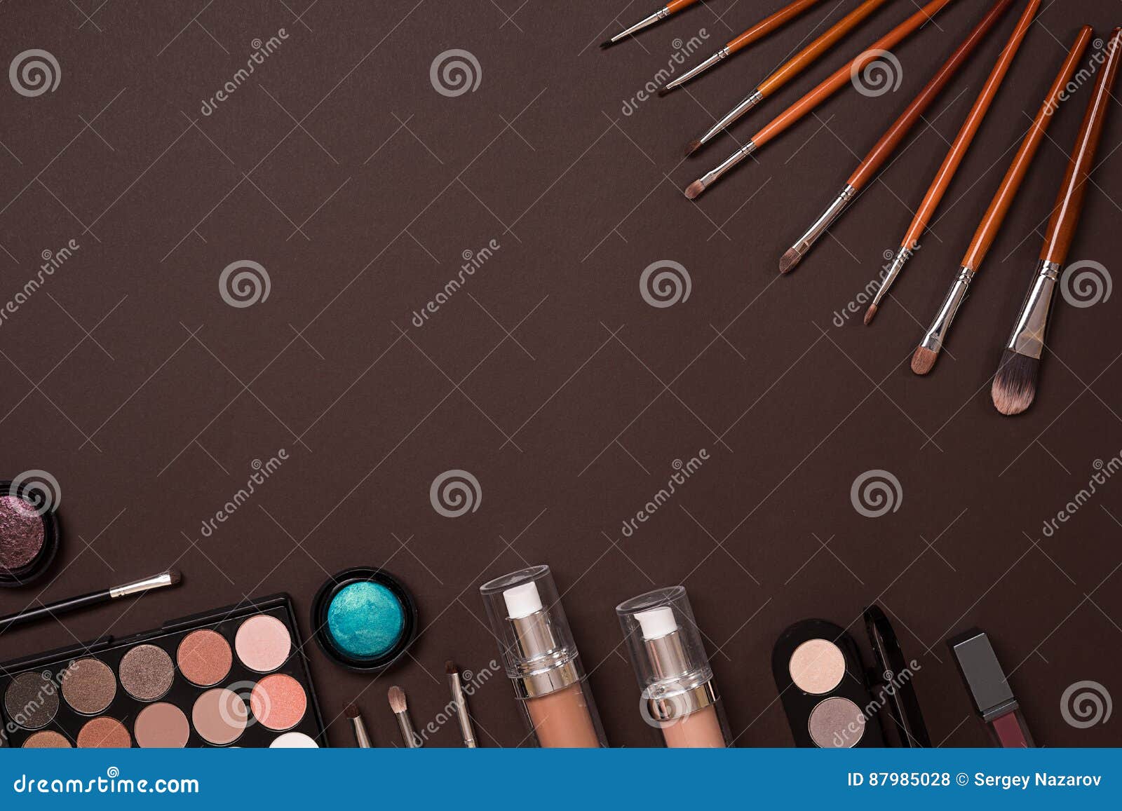 Various Cosmetics and Brushes on Brown Background Stock Photo - Image ...