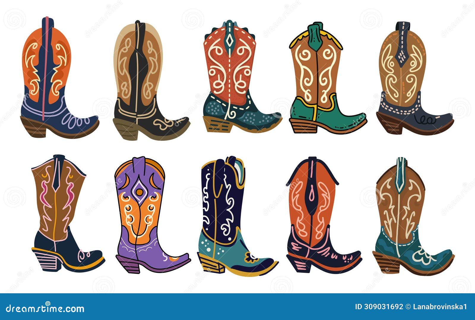 Various Cowboy Boots Displayed On White Background Vector Illustration ...