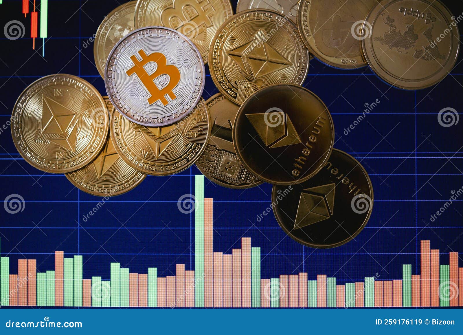 Various Cryptocurrency Coins with Candle Stick Graph Chart and Digital ...