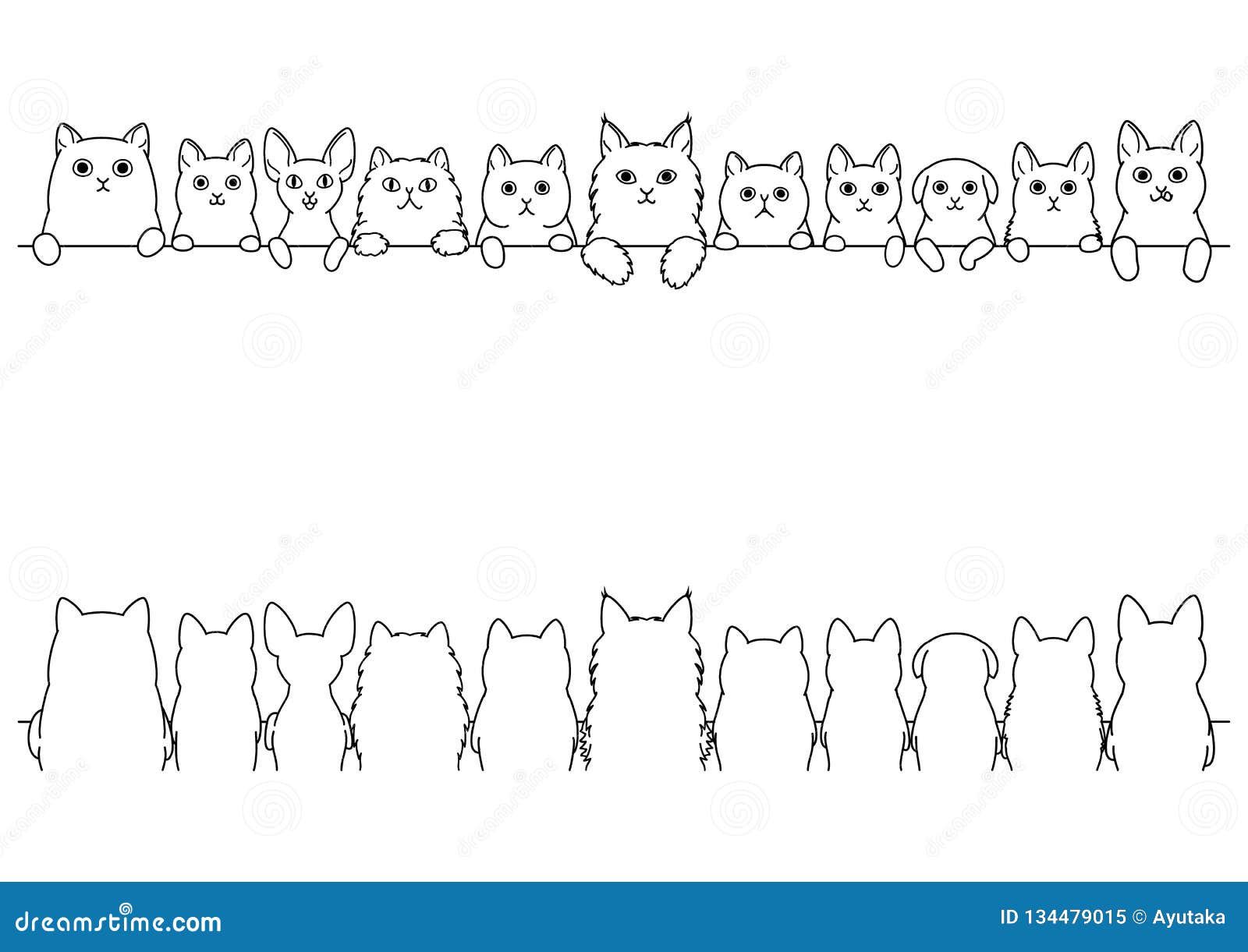 Various Cute Cats Line Art Border Set Vector Illustration ...