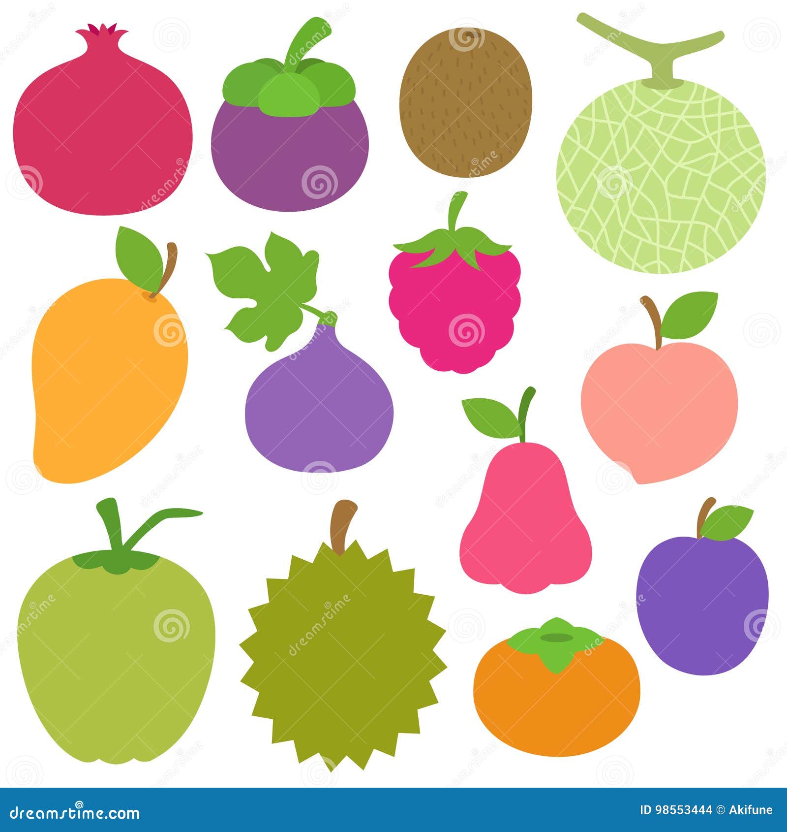 Various Cute Exotic Fruits Clip Art in Flat Vector Style Drawings ...