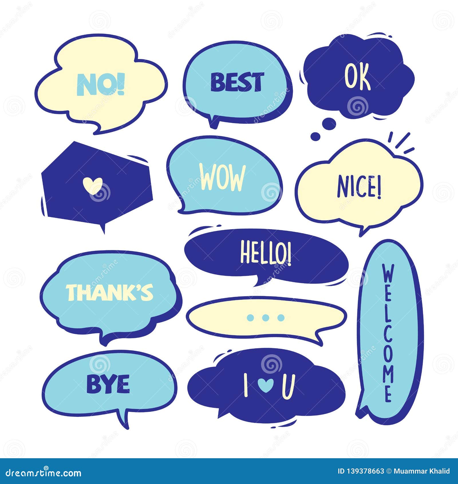 Various Cute Speech Bubble Doodle Stickers Set with Some Blue Colors ...