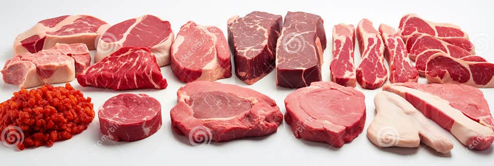 Various Cuts of Fresh Beef Arranged Neatly on a White Surface ...