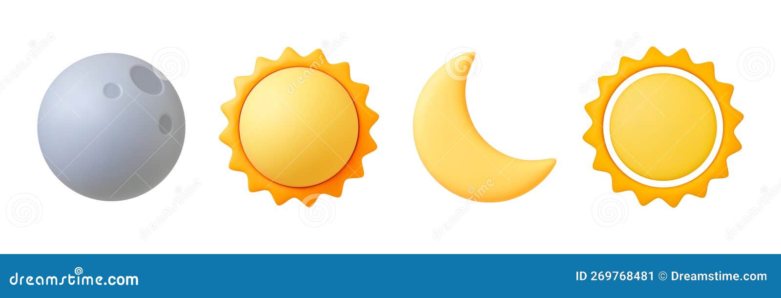 Various 3d Sun and Moon, Crescent Isolated Icon. Realistic Render of ...