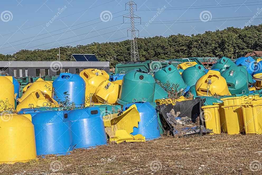 Various Damaged and Discarded Recycling Containers Stock Image - Image ...