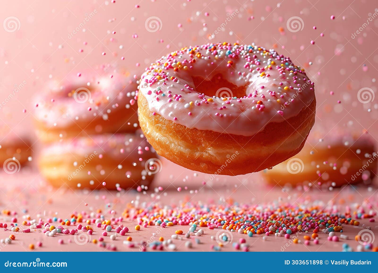 Various Decorated Donuts in Motion Falling on Pink Background. Stock ...
