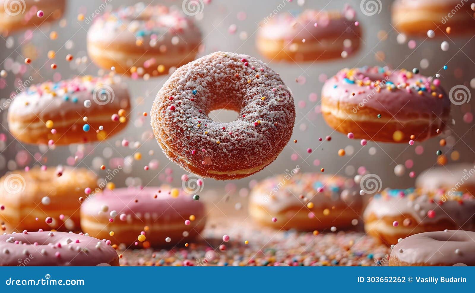 Various Decorated Donuts in Motion Falling on Pink Background. Stock ...