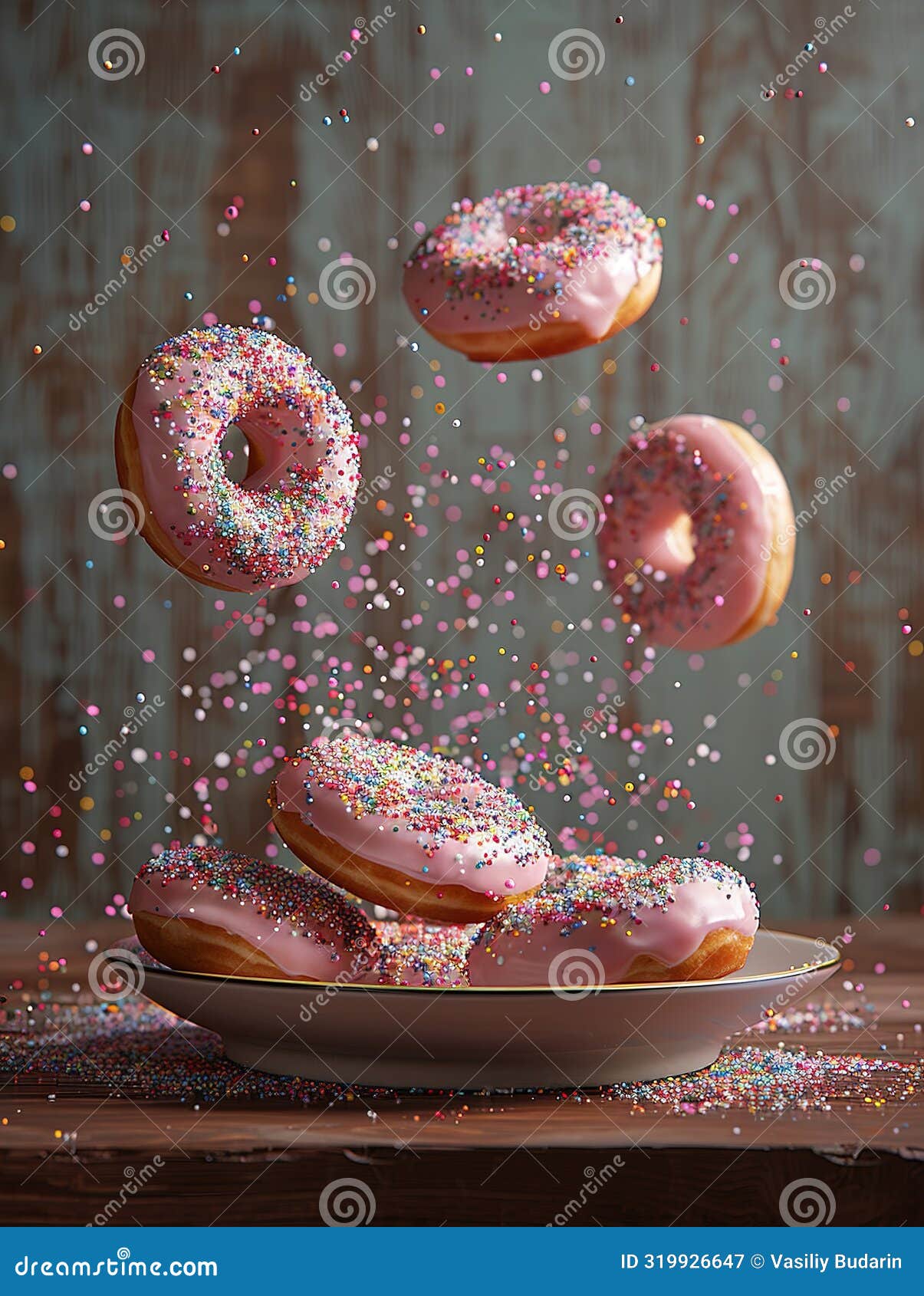 Various Decorated Donuts in Motion Falling on Pink Background. Stock ...
