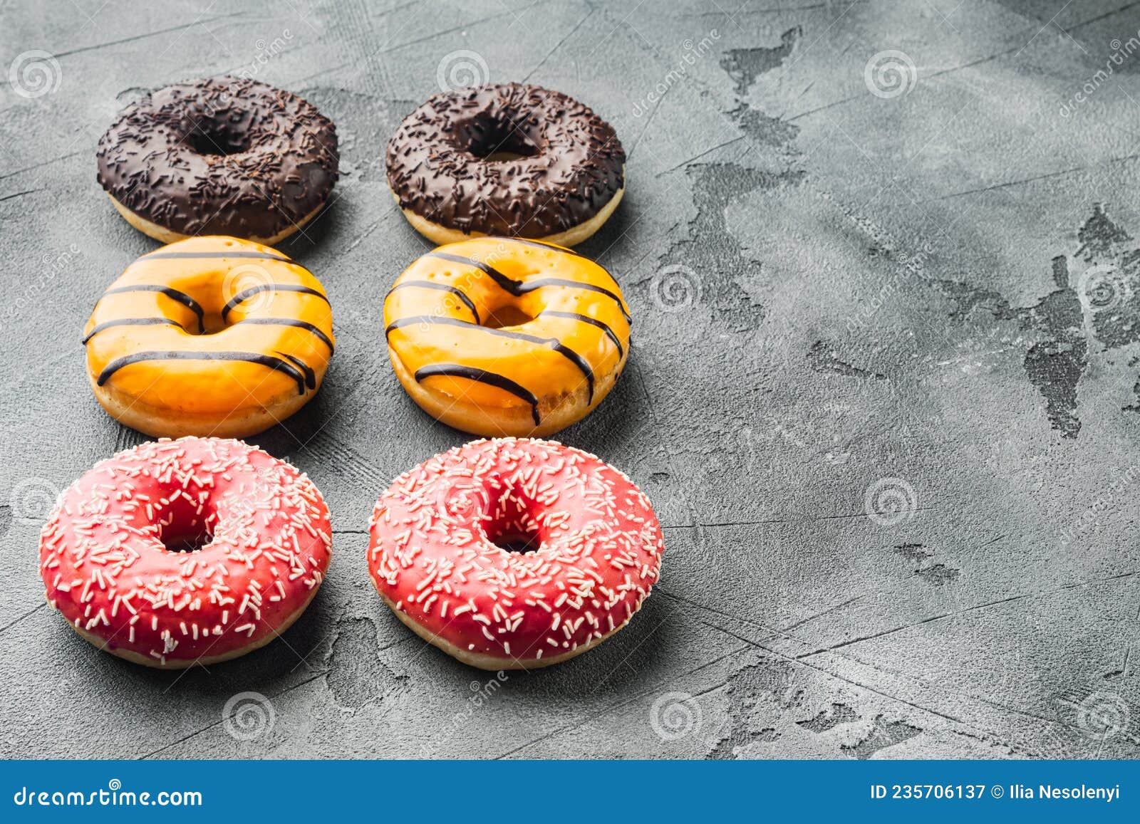 Various Decorated Donuts Set, on Gray Background with Copy Space for ...