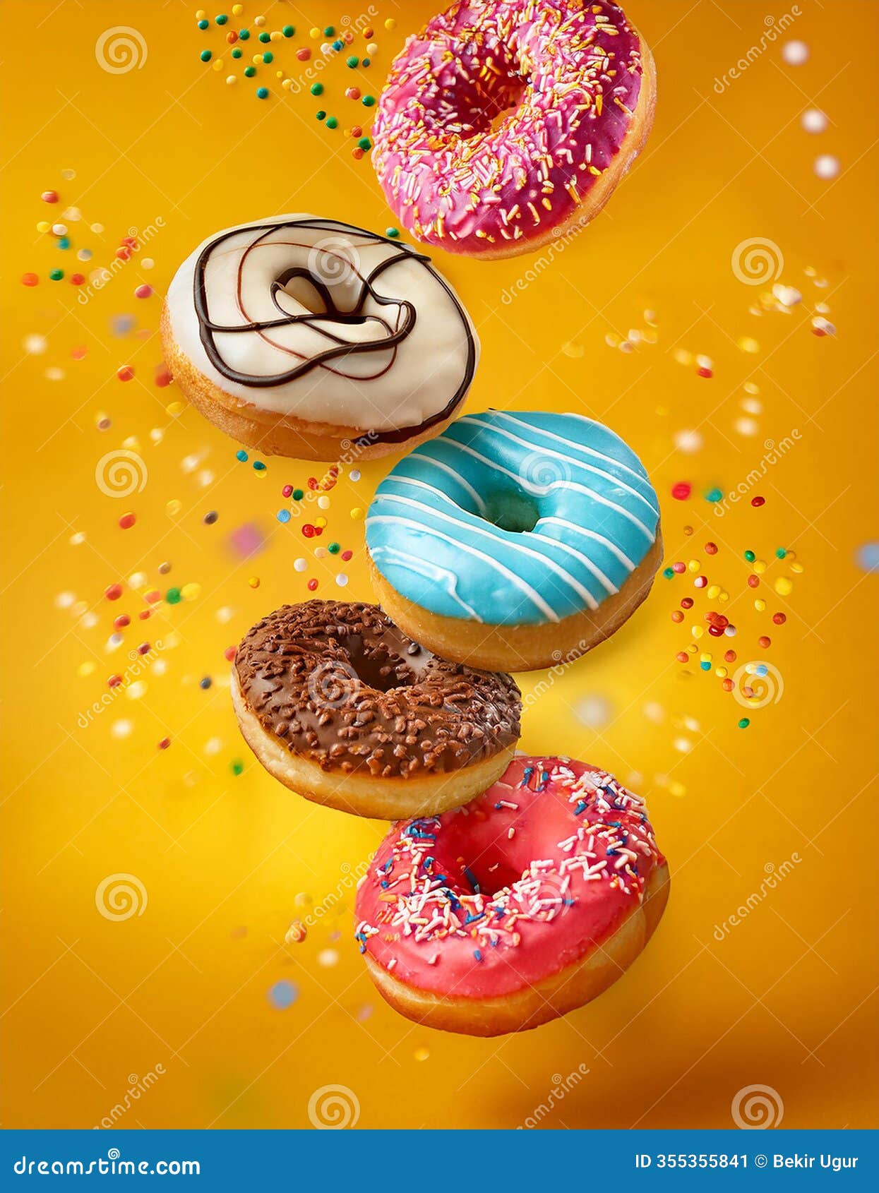 Various Decorated Doughnuts in Motion Falling on Yellow Background ...