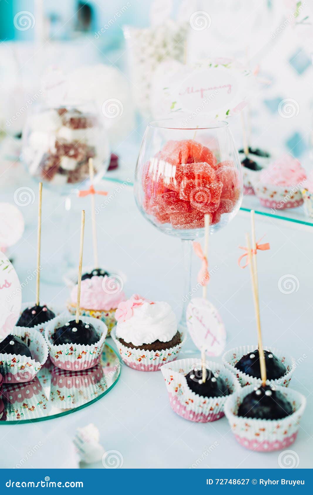 Various Dessert Sweet Cupcakes, Candy, Confection on Table. Cand Stock ...