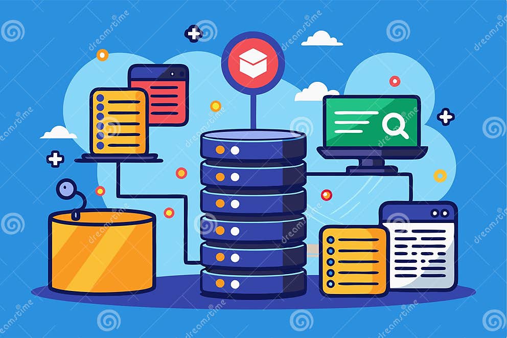 Various Devices Connecting To a Central Data Storage Server, Highlighting Data Management ...