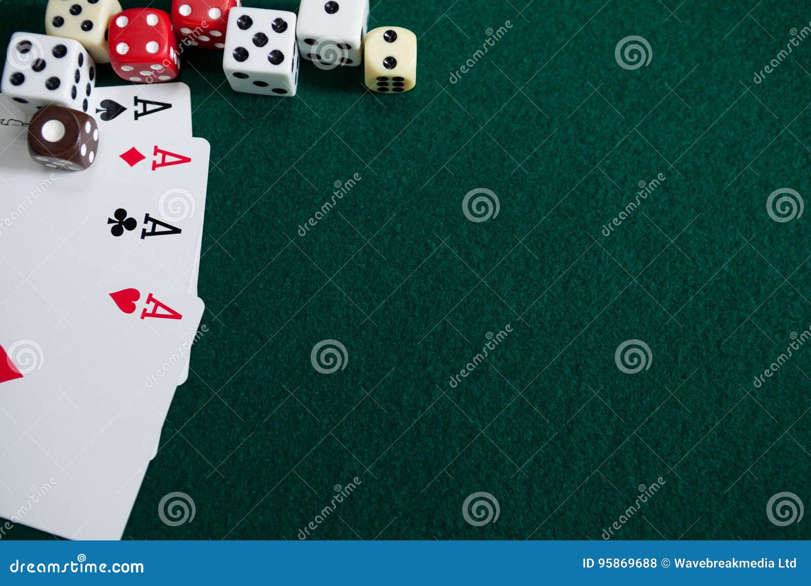 Various Dice and Playing Cards on Poker Table Stock Photo - Image of ...
