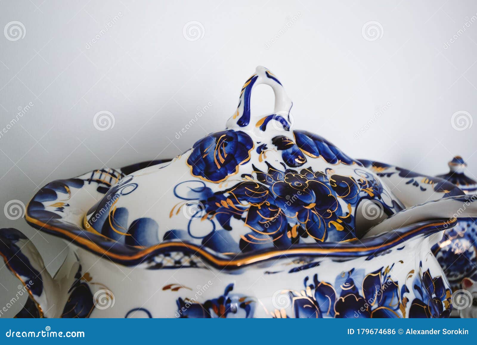 Various Dishes Painted in the Style of Gzhel Stock Photo - Image of ...