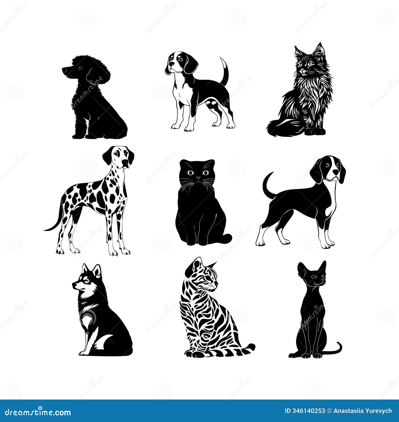 Various Dog and Cat Silhouettes in a Grid Pattern Showcasing Different ...