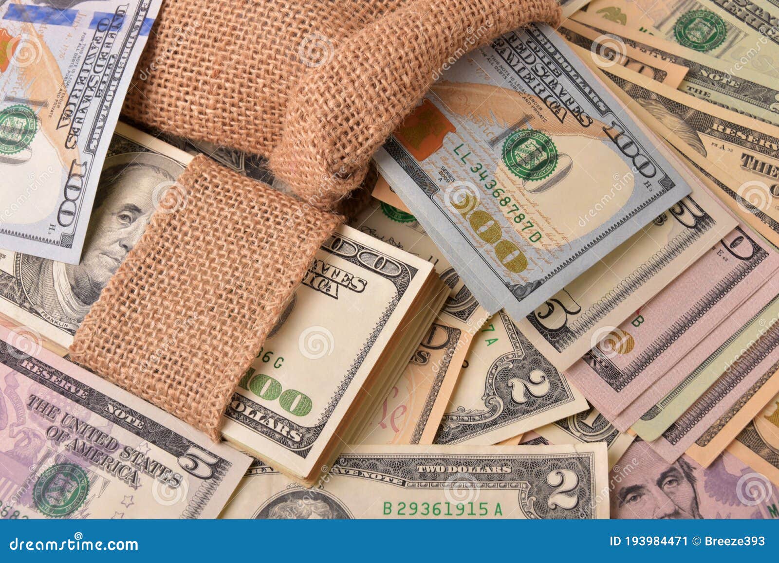 Various Dollars Banknotes and Sack Stock Image - Image of sack, finance ...