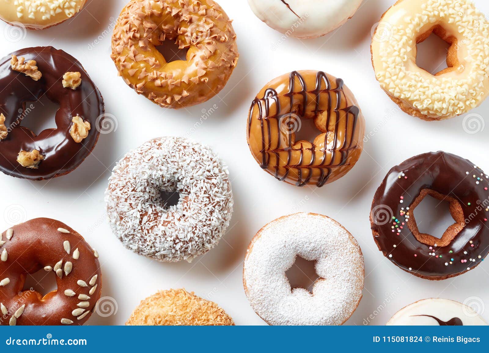 Various Donuts Isolated on White, from Above Stock Photo - Image of ...