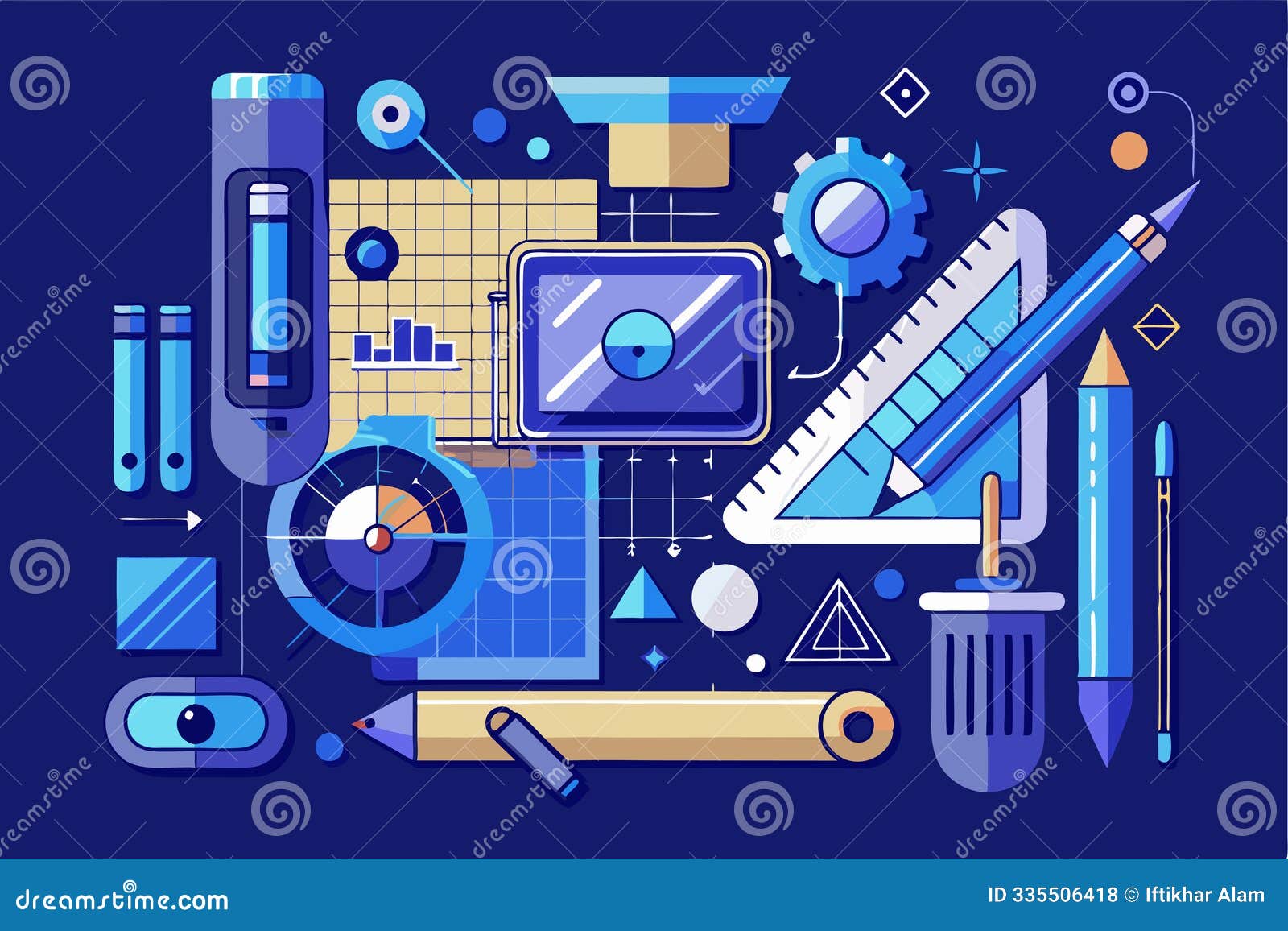 Various Drafting Instruments are Arranged on a Blue Background, Ideal ...