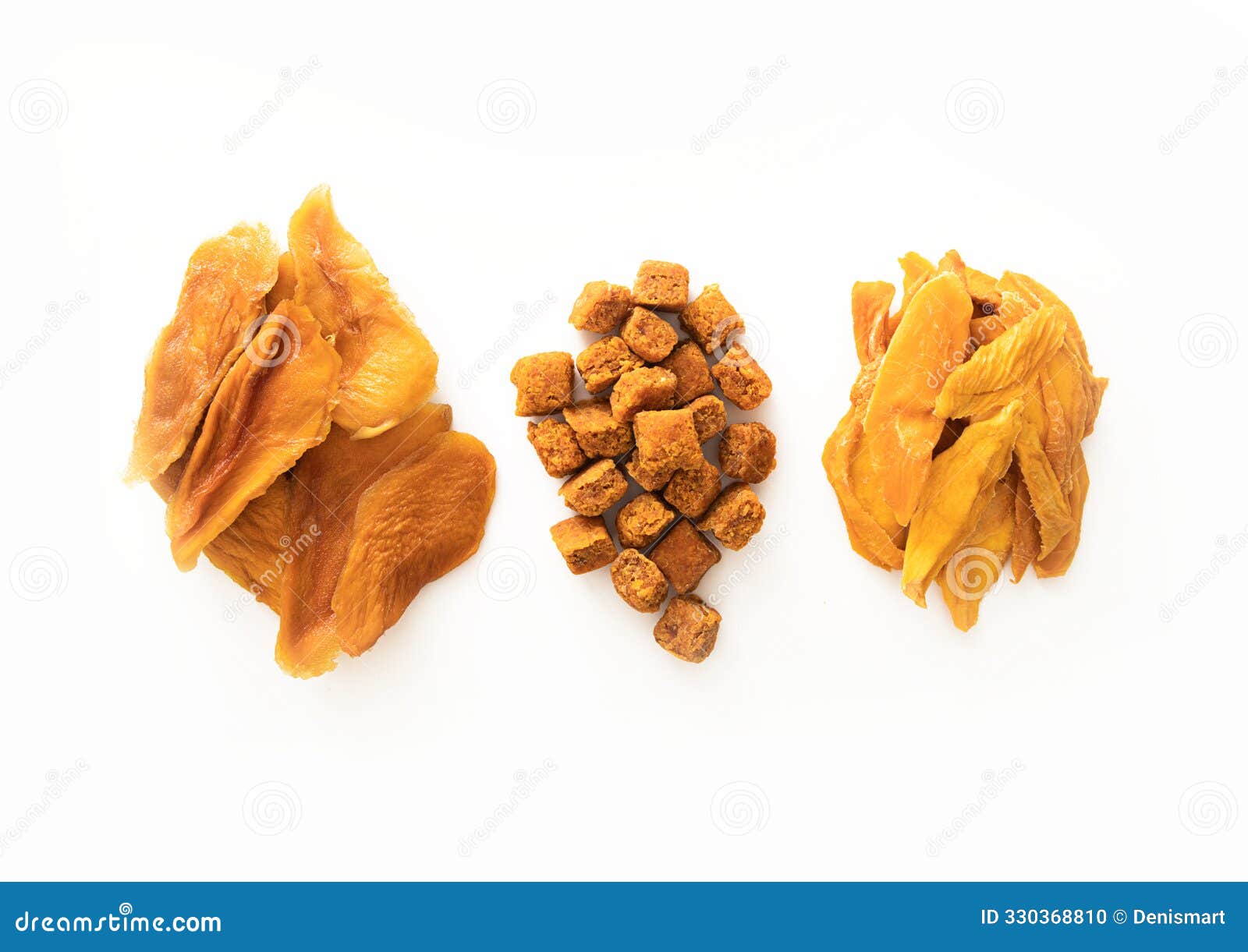 Various Dried Sweet Mango Slices and Balls on White Background Stock ...