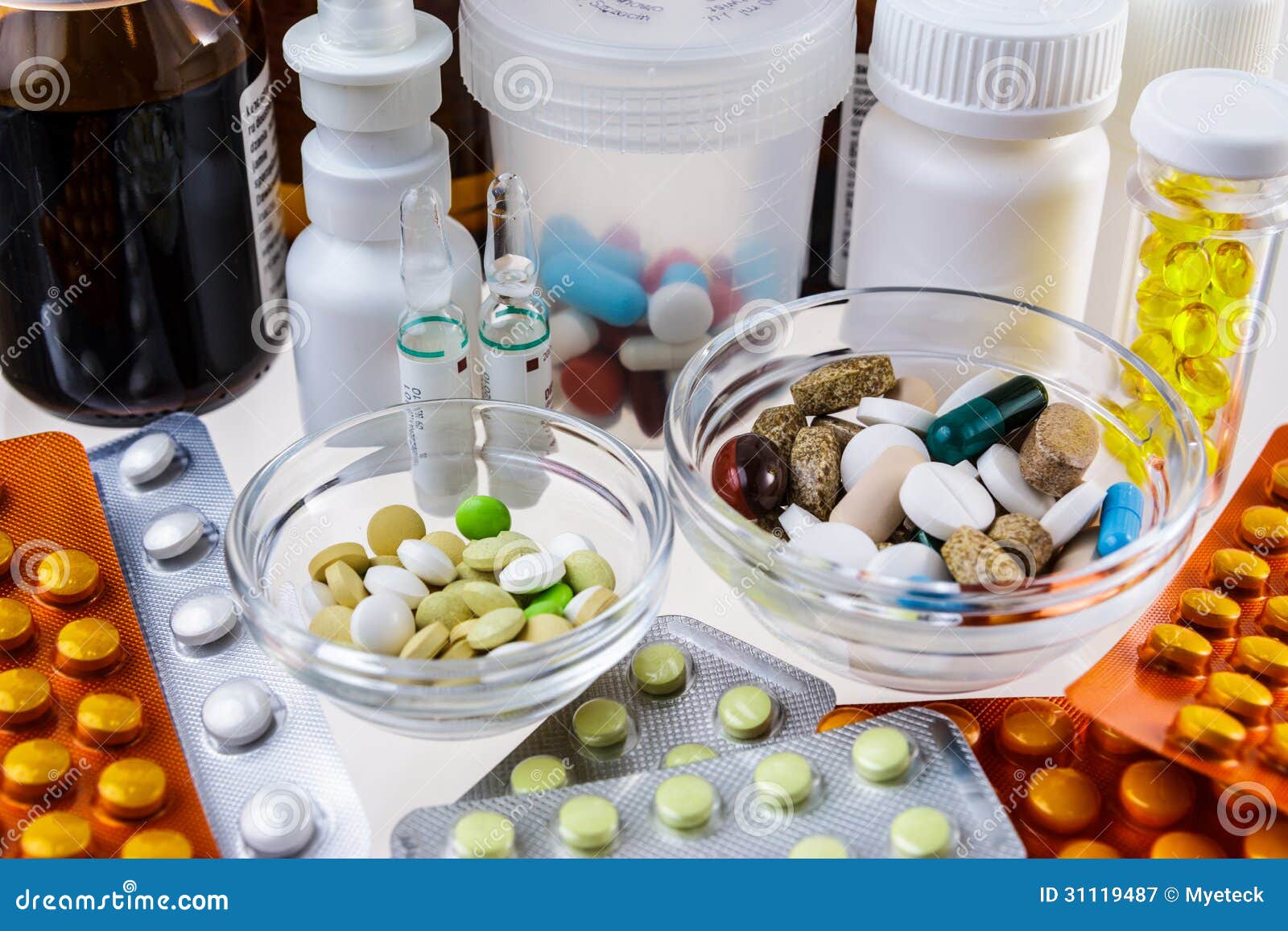 Various Drugs in Containers, Bottles and Blisters. Stock Image - Image ...