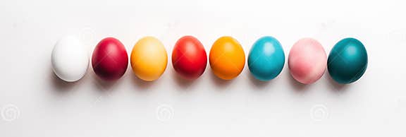 Various Easter Eggs Aligned on White Background Banner. Panoramic Web ...