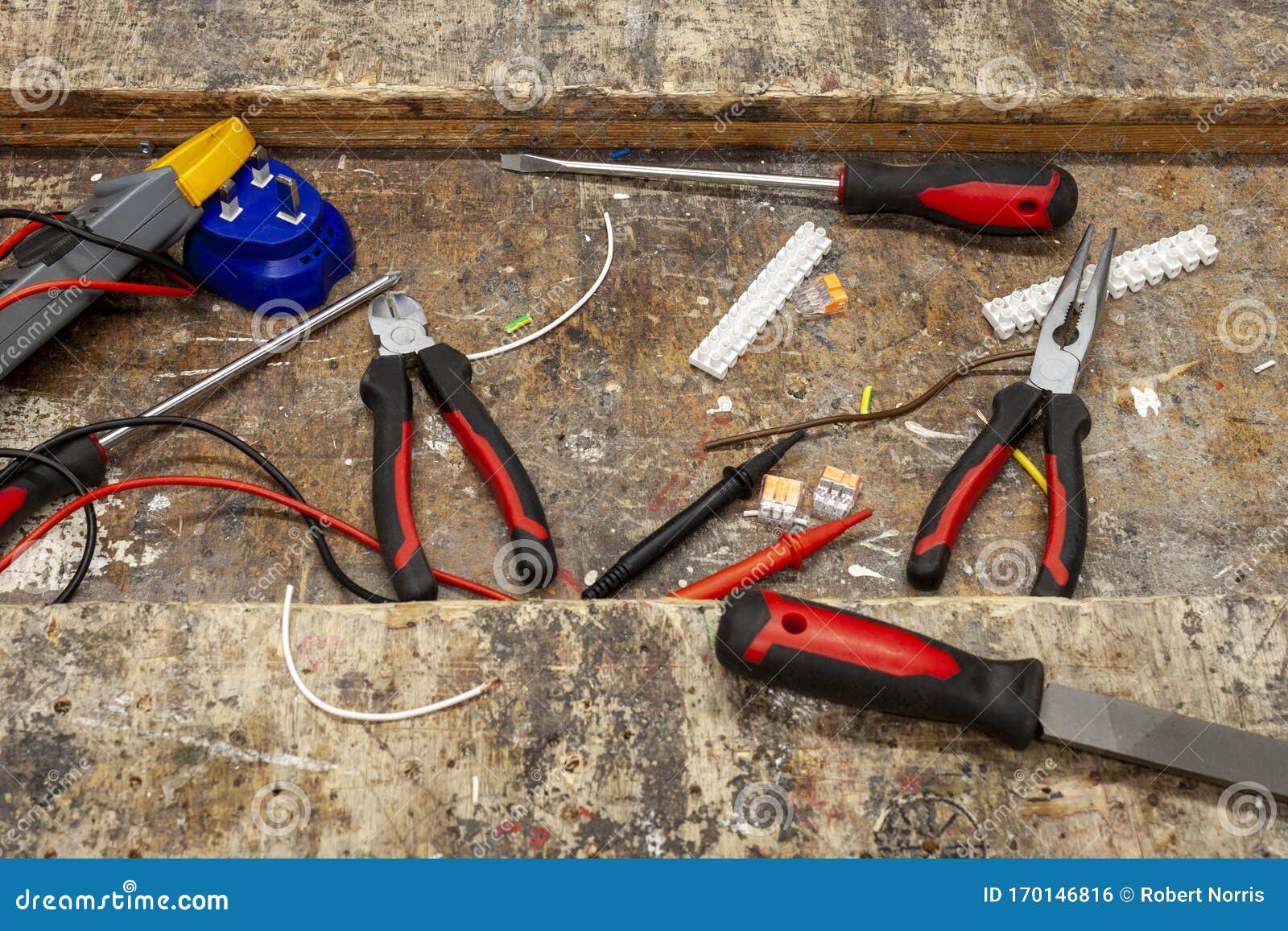 Various Electrical Tools on an Old Wooden Workbench Stock Photo - Image ...