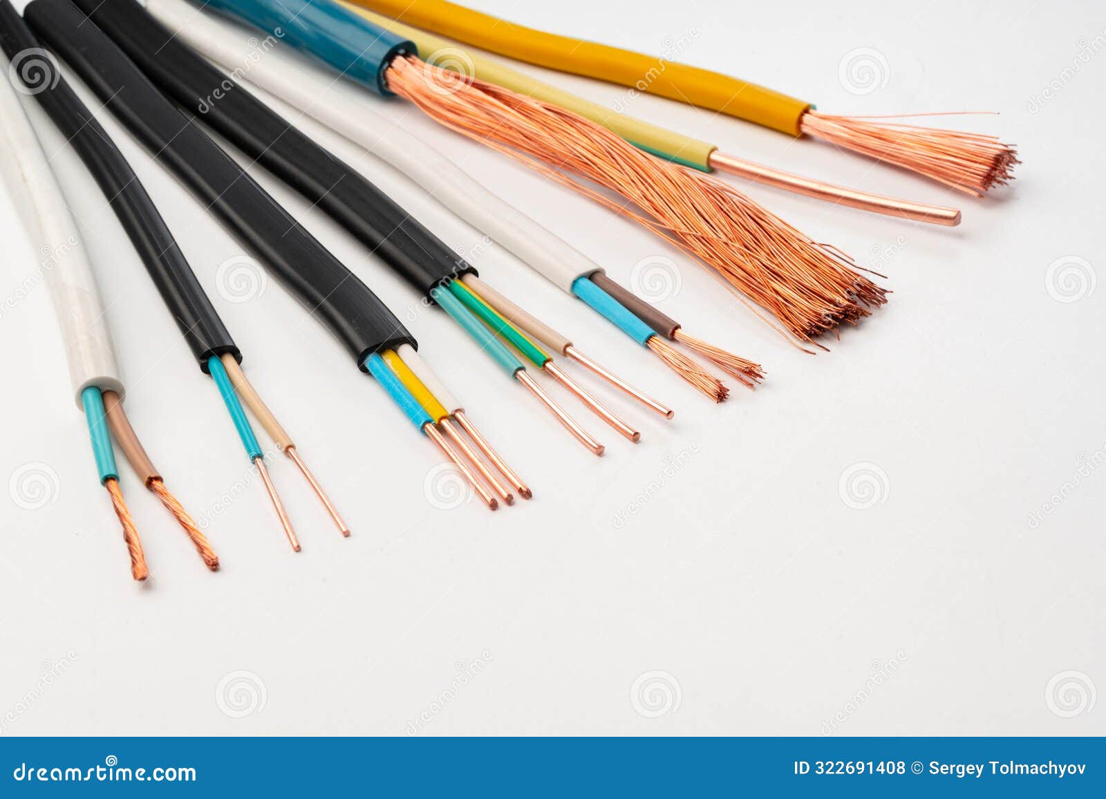 Various Electrical Wires with Exposed Copper Strands on White ...